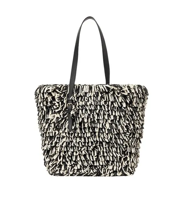 VALEXTRA Wavy-pattern Raffia Tote Bag - Black/white
