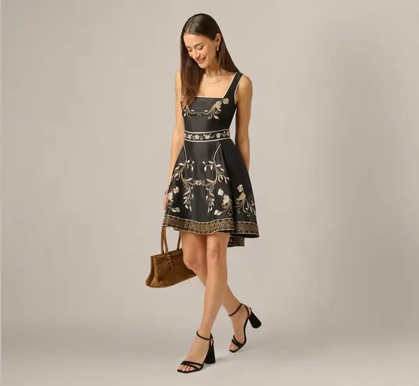 Adrianna Papell Floral Embroidered Cotton Short Dress - Black Multi