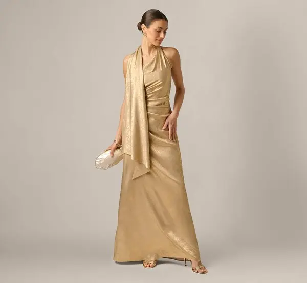 Adrianna Papell Halter Neck Gown With Asymmetrical Scarf Detail - Light Gold
