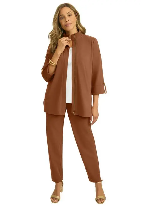 JESSICA LONDON Knit Crepe Winged Collar Two-piece Set - Cognac