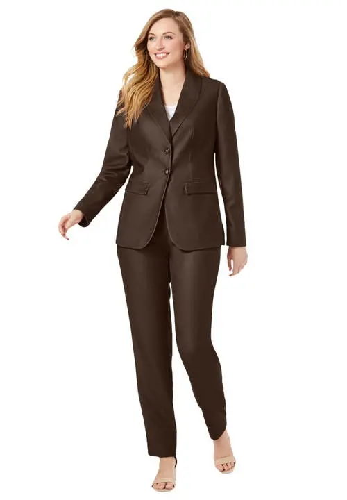 JESSICA LONDON Two-piece Stretch Crepe Single-breasted Pantsuit - Chocolate