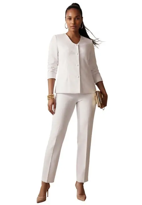JESSICA LONDON Shaped Crepe Jacket & Straight-leg Pant Suit - White