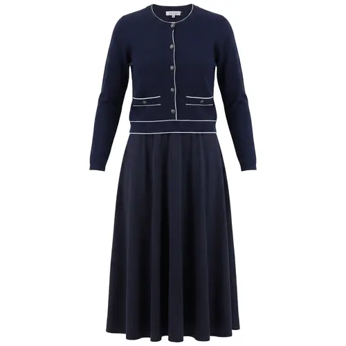 VIVID Crepe Knit Cardigan And Woven Midi Skirt Combo Set - Dark Navy
