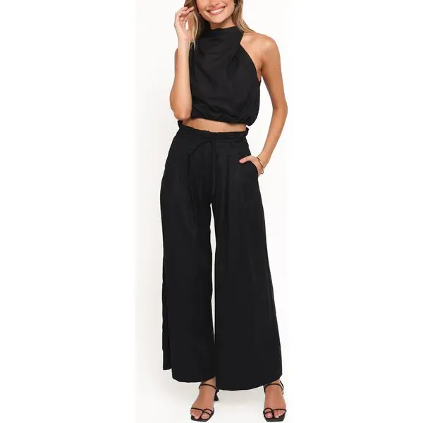 PETAL & PUP Linen & Cotton Mock Neck Crop Top And Wide Leg Pants Set - Black