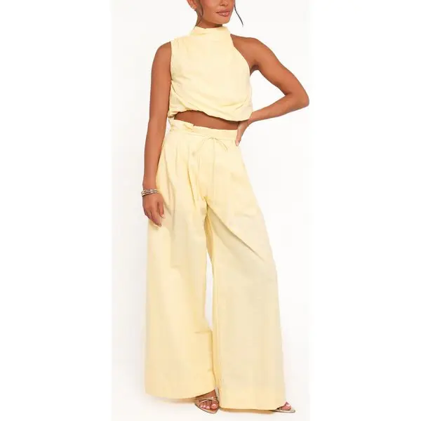 PETAL & PUP Linen & Cotton Mock Neck Crop Top And Wide Leg Pants Set - Yellow