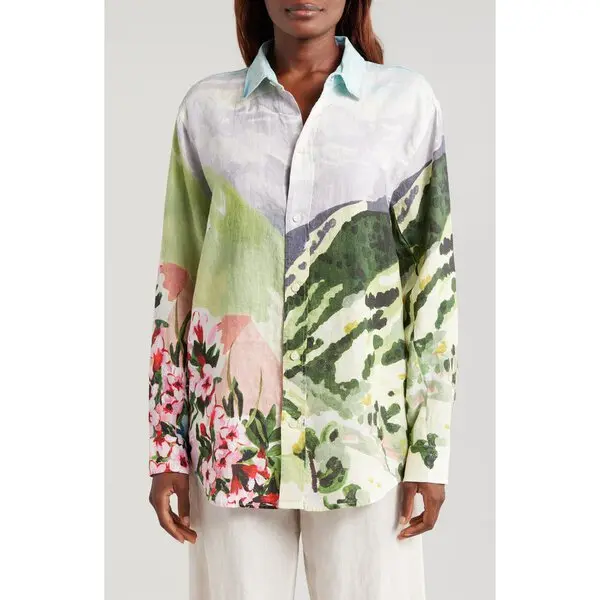 Desmond & Dempsey Landscape Linen Pajama Button-up Shirt - Hutte Placed Multi
