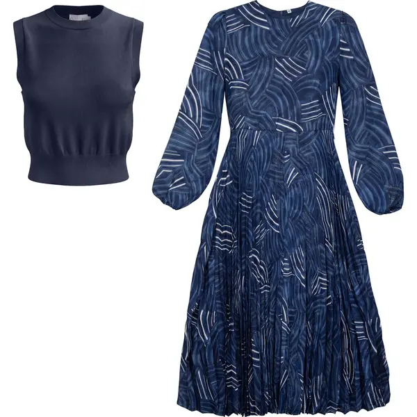 COCO DE LA MOUR Printed Pleated Midi Dress Set With Textured Knit Vest - Midnight