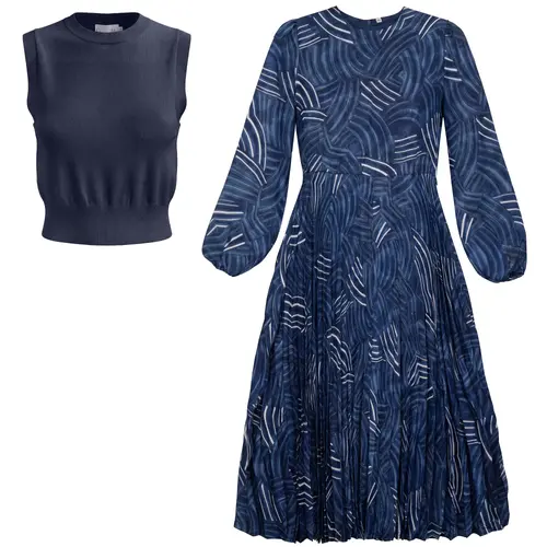 COCO DE LA MOUR Printed Pleated Midi Dress With Textured Knit Vest