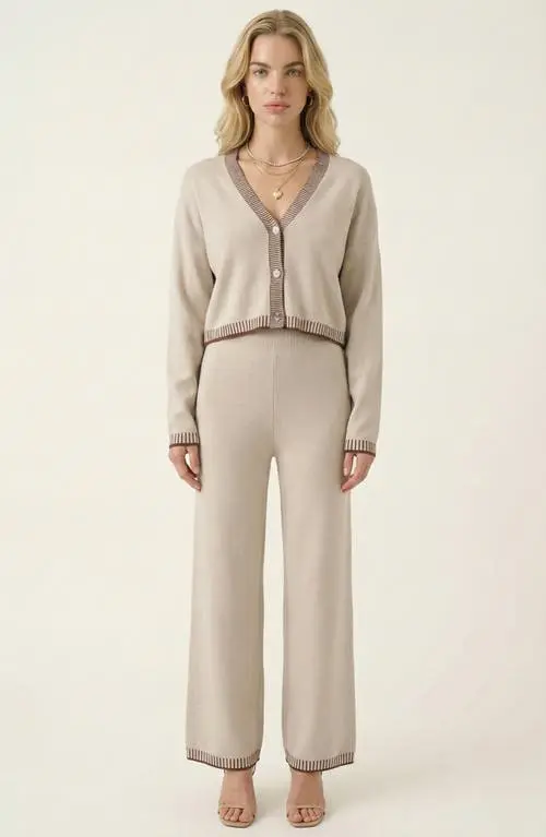 MODENAIRE Contrast Trim Knit Cardigan And Wide-leg Pant Set - Beige/brown Trim