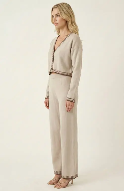 MODENAIRE Contrast Trim Knit Cardigan And Wide-leg Pant Set - Beige/brown Trim
