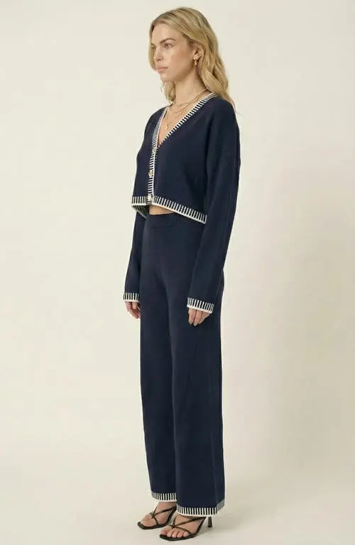 MODENAIRE Contrast Trim Knit Cardigan And Wide-leg Pant Set