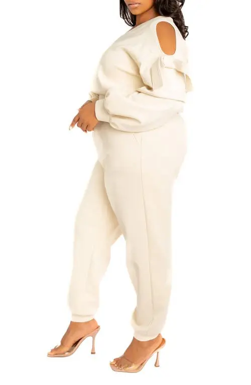 BUXOM COUTURE Scuba Knit Cold Shoulder Sweatshirt And Jogger Set - Beige