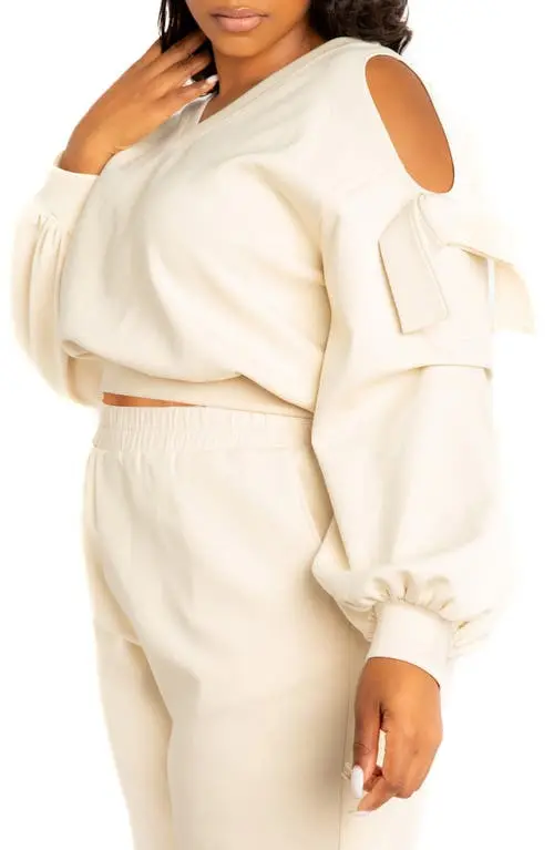 BUXOM COUTURE Scuba Knit Cold Shoulder Sweatshirt And Jogger Set - Beige