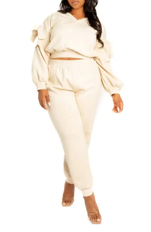 BUXOM COUTURE Scuba Knit Cold Shoulder Sweatshirt And Jogger Set - Beige