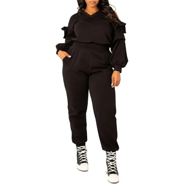 BUXOM COUTURE Scuba Knit Cold Shoulder Sweatshirt And Jogger Set - Black