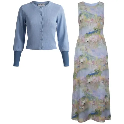 BLANC ET NOIR Cropped Cardigan And Maxi Dress Set - Blue Print