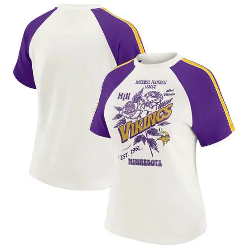 WEAR BY ERIN ANDREWS Minnesota Vikings Sleeve Stripe Distressed Raglan T-shirt - White