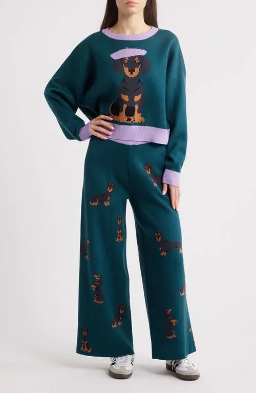 DRESSED IN LALA Weenie Dog Jacquard Sweater & Wide Leg Pants Set - Teal