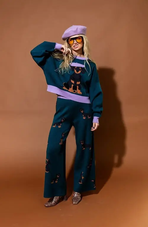 DRESSED IN LALA Weenie Dog Jacquard Sweater & Wide Leg Pants Set