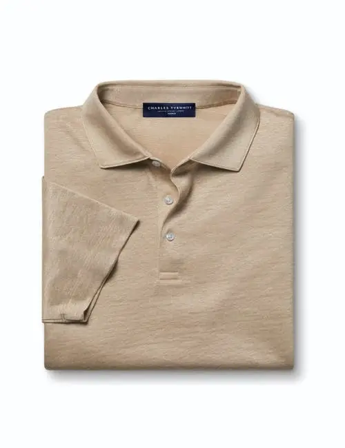 CHARLES TYRWHITT Short Sleeve Linen Polo - Oatmeal