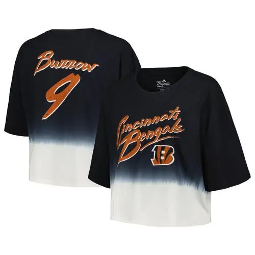 MAJESTIC THREADS Joe Burrow /white Cincinnati Bengals Dip-dye Player Name & Number Crop Top - Black