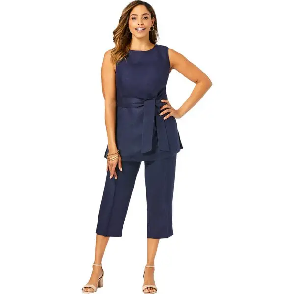 JESSICA LONDON Linen Blend Belted Tunic And Capri Set - Navy