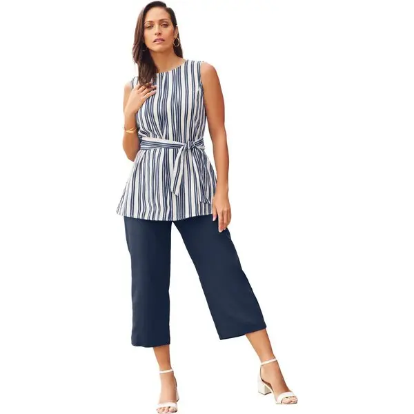 JESSICA LONDON Linen Blend Belted Tunic And Capri Set - Navy