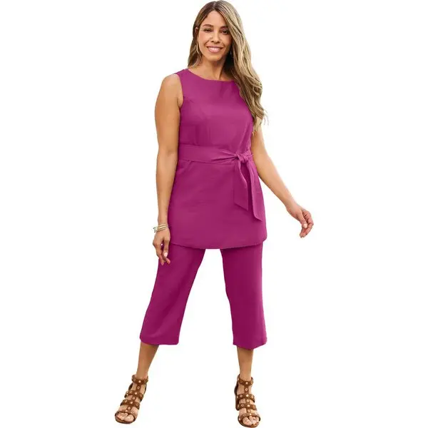 JESSICA LONDON Linen Blend Belted Tunic And Capri Set - Raspberry