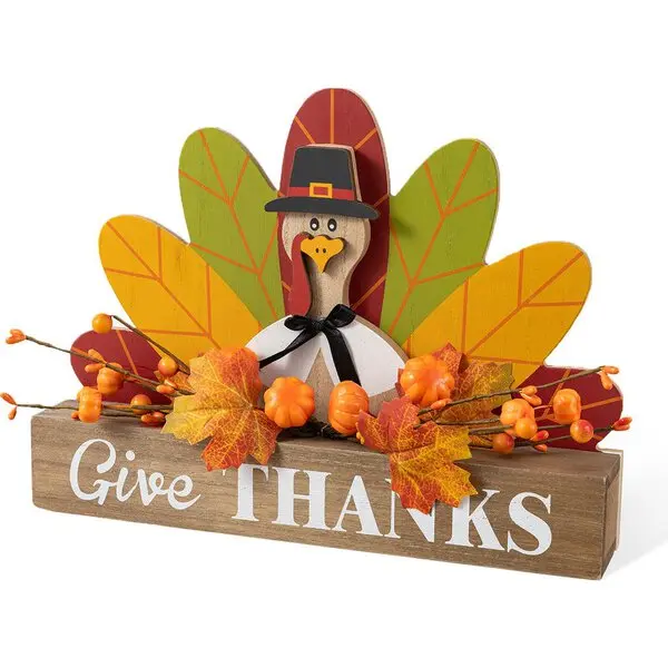 GLITZHOME Thanksgiving Wooden Pilgrim Or Turkey Table Block Sign
