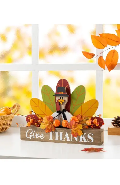 GLITZHOME Thanksgiving Wooden Pilgrim Or Turkey Table Block Sign