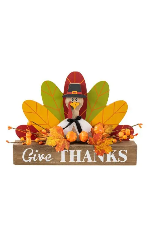 GLITZHOME Thanksgiving Wooden Pilgrim Or Turkey Table Block Sign