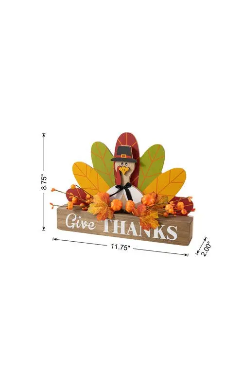 GLITZHOME Thanksgiving Wooden Pilgrim Or Turkey Table Block Sign