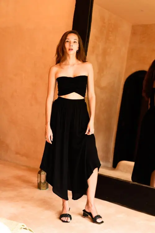 Pink Haley Winona Smocked Tube Top & Asymmetrical Pants Set - Black