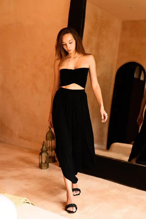 Pink Haley Winona Smocked Tube Top & Asymmetrical Pants Set - Black