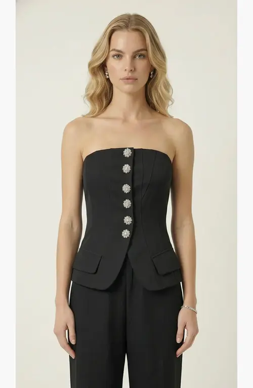 MODENAIRE Strapless Vest And Wide Leg Pant Set With Embellished Buttons