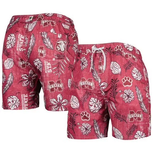 WES & WILLY Mississippi State Bulldogs Vintage Floral Swim Trunks - Maroon