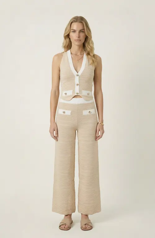 MODENAIRE Ribbed Knit Vest And Wide Leg Pant Set - Beige/white