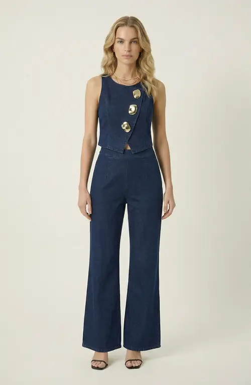 MODENAIRE Denim Vest And Wide Leg Pants Set - Navy