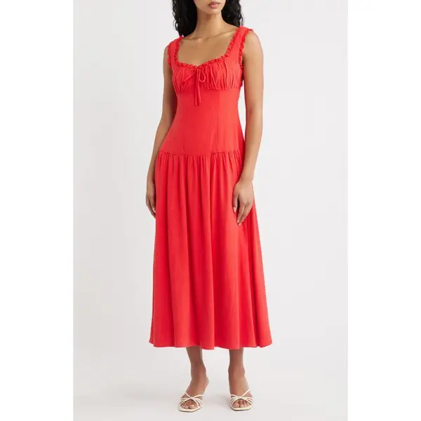 PETAL & PUP Joanne Lace Trim Drop Waist Midi Dress - Red