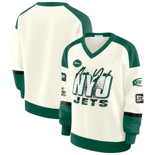 WEAR BY ERIN ANDREWS New York Jets Racing Crew V-neck Sweatshirt - Cream