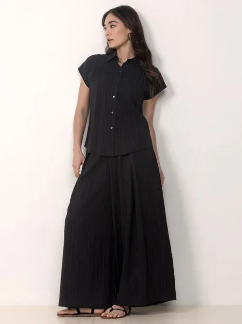 SINGLE STITCH Textured Button-front Shirt And Palazzo Pants Set