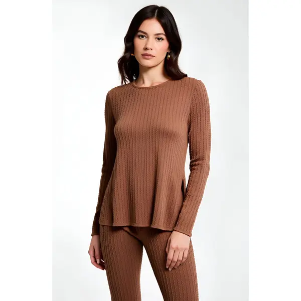 MODENAIRE Ribbed Knit Long Sleeve Top And Flared Pants Lounge Set With Side Slit Detail - Brown