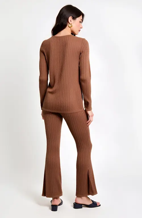 MODENAIRE Ribbed Knit Long Sleeve Top And Flared Pants Lounge Set