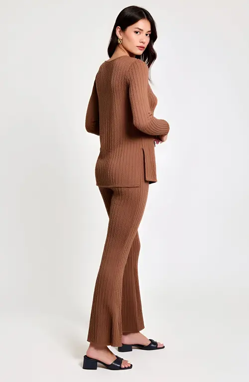 MODENAIRE Ribbed Knit Long Sleeve Top And Flared Pants Lounge Set