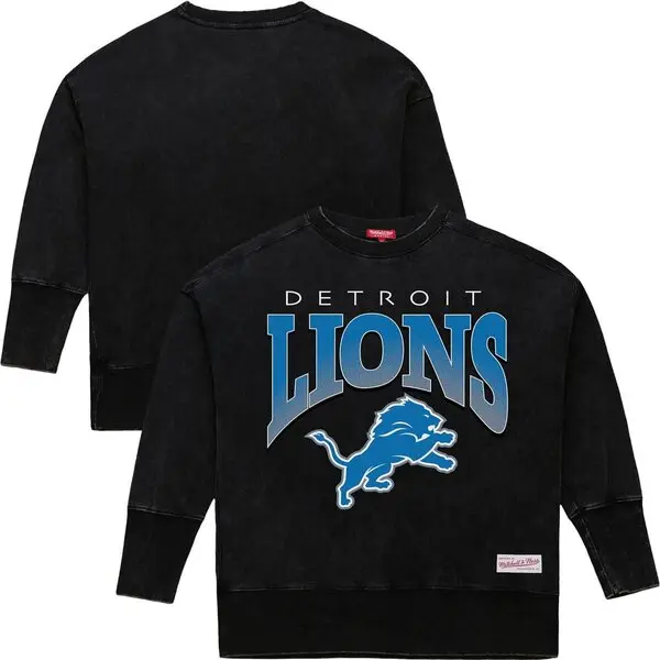 Mitchell & Ness Detroit Lions Delineate Mineral Wash Crewneck Sweatshirt - Black