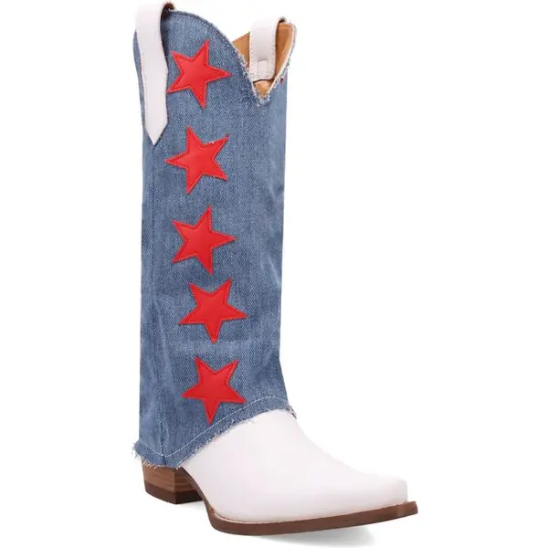 DINGO Glory Days Denim Star Appliqué Western Boots - Blue/white Multi