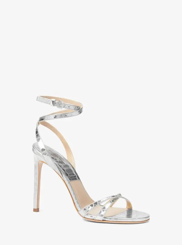 Michael Kors Chrissy Metallic Python Embossed Leather Sandal - Silver