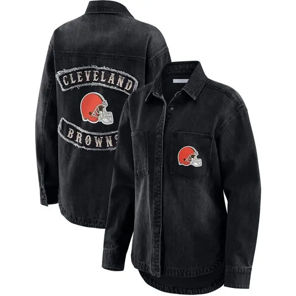 WEAR BY ERIN ANDREWS Cleveland Browns Washed Oversized Denim Shacket - Black