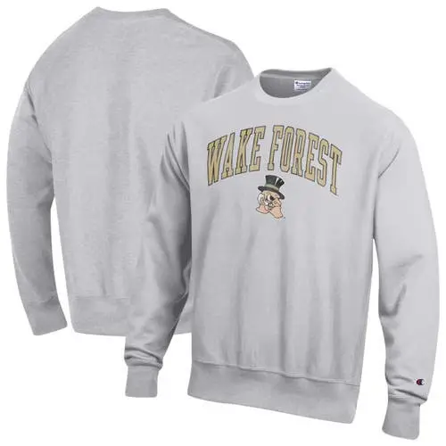 Champion Wake Forest Demon Deacons Distressed Arch Over Logo Reverse Weave Crew Neck Sweatshirt - Gray