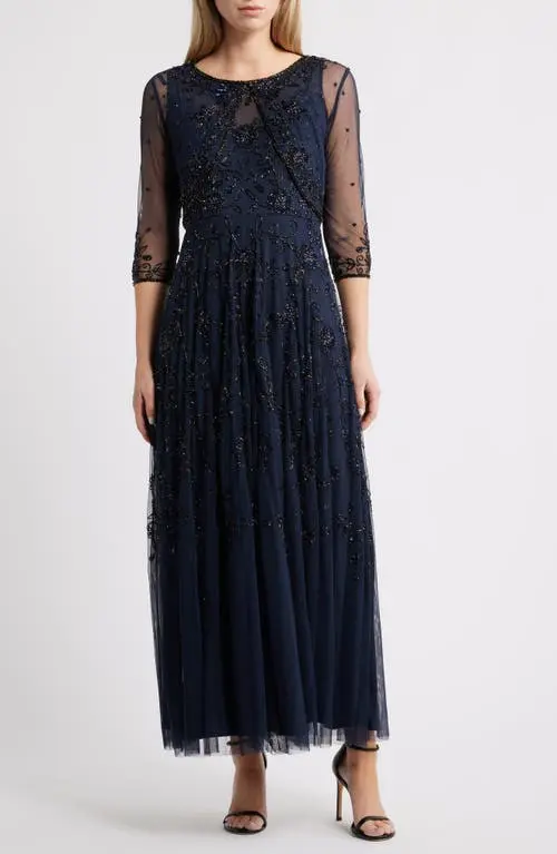Pisarro Nights Beaded Mesh Gown With Jacket